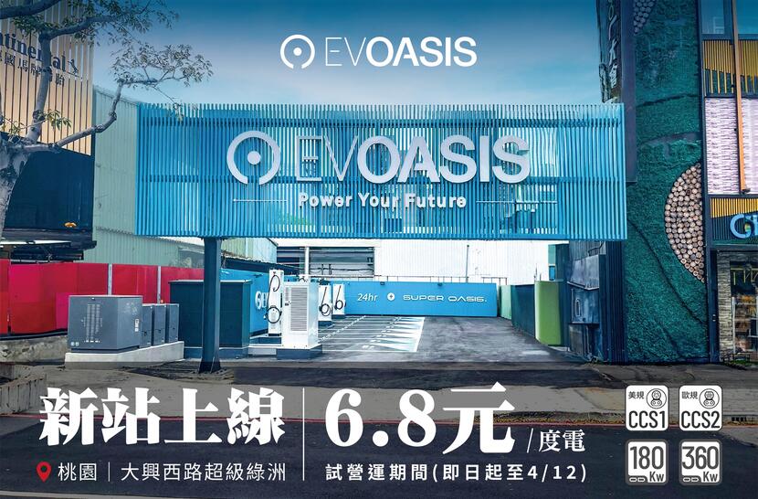 每度電優惠價 6.8 元，EVOASIS 桃園大興西路超級綠洲新站上線::DDCAR 電動車