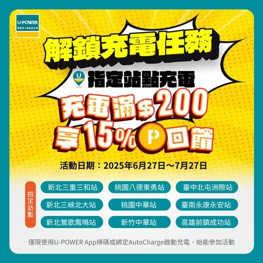單筆消費滿 200 元享 15% 回饋！U-POWER「解鎖充電任務」活動送好康::DDCAR 電動車